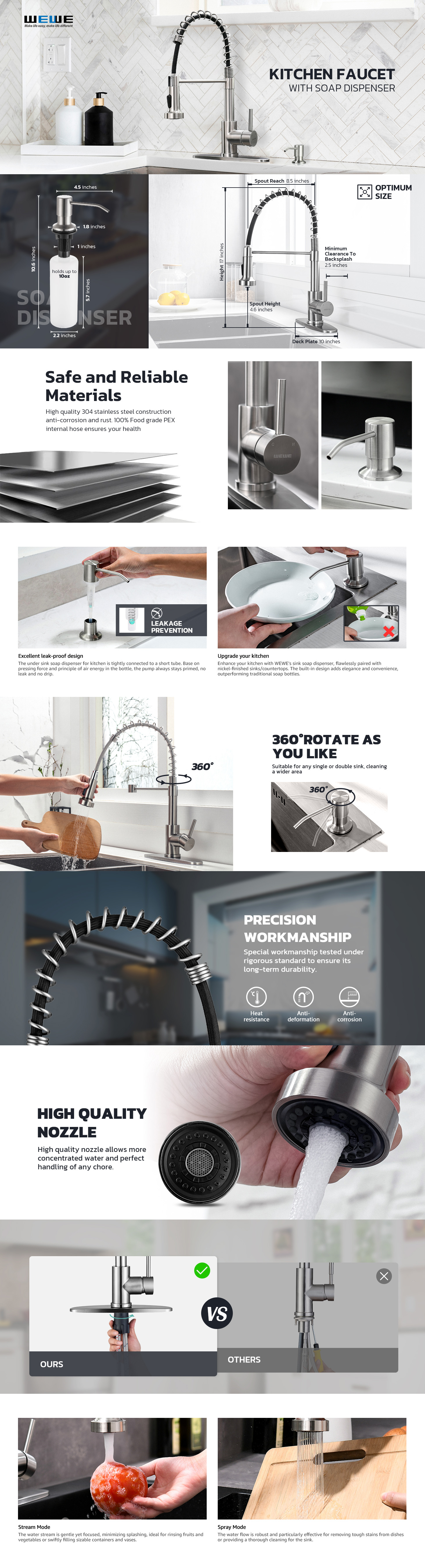 WEWE Kitchen Sink Faucet with Soap Dispenser, Kitchen Faucet with Pull ...