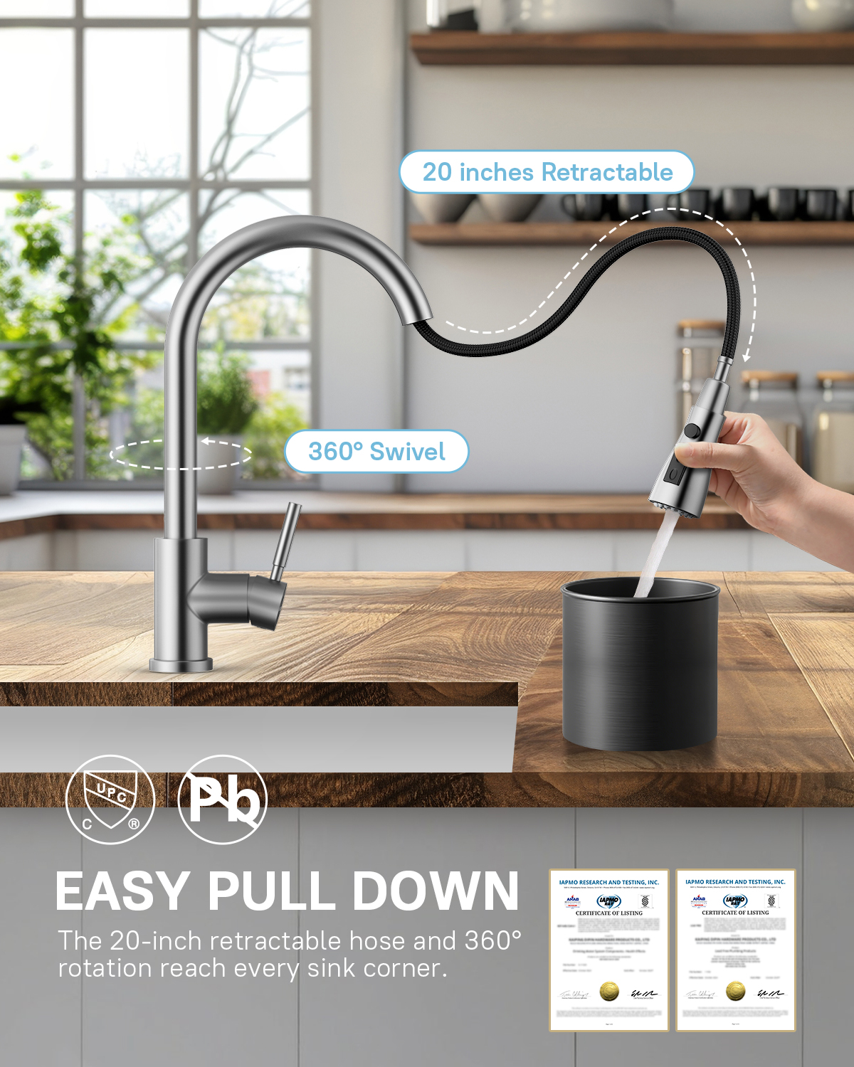 WEWE Kitchen Faucets with Pull Down Sprayer, Stainless Steel Single ...